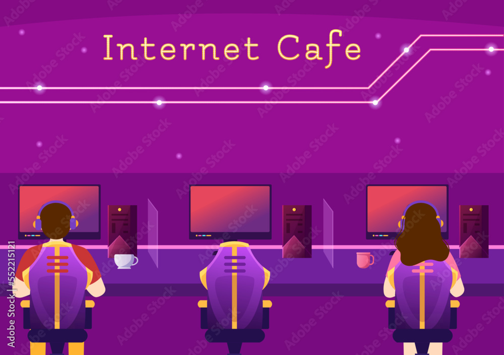 Internet Cafe of Young People Playing Games, Workplace use a Laptop ...