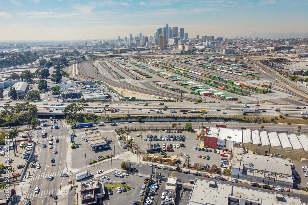 Los Angeles, California – March 2, 2022: aerial drone color photo with LA Los Angeles UP LATC ...
