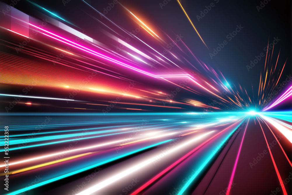 Speed motion on the neon glowing road at dark. Speed motion on the ...
