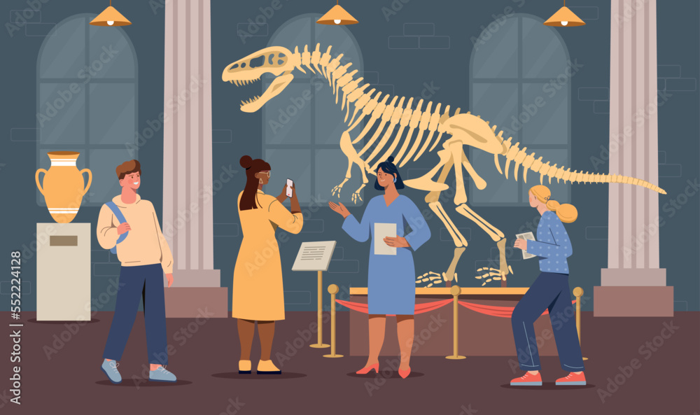 Paleontological exhibition concept. Men and women look at fossils ...