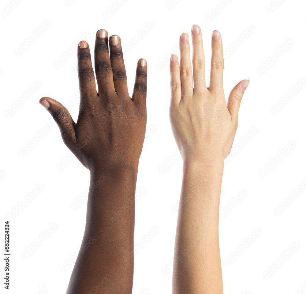 Multiethnic young women bare hands as racism freedom, they show ...