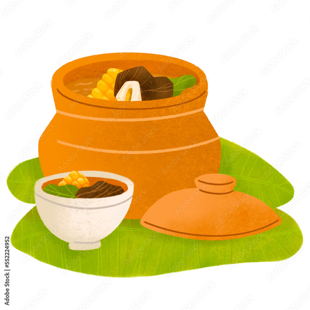 Filipino bulalo stew in palayok clay pot with bowl and banana leaves ...