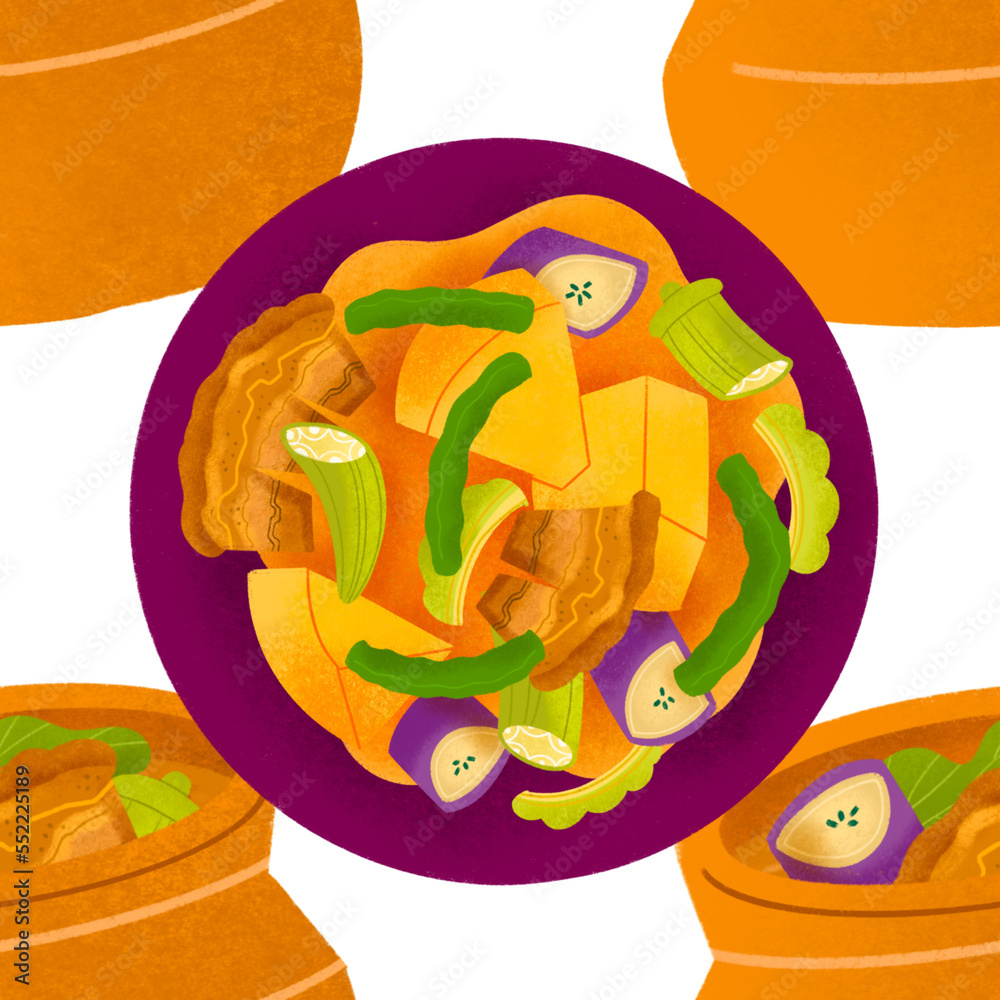 Filipino pinakbet stew top view and inside palayok illustrated pattern ...