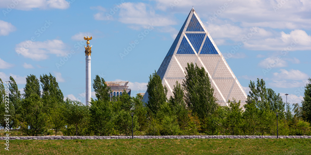 Palace of Peace and Accord in the form of a pyramid and a monument with ...