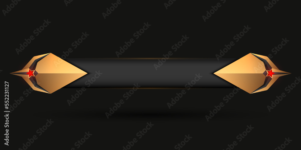 Abstract black and gold game title button with glowing red star gem ...