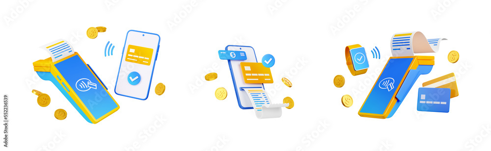 Cashless payment set isolated on white background. 3D illustration of ...
