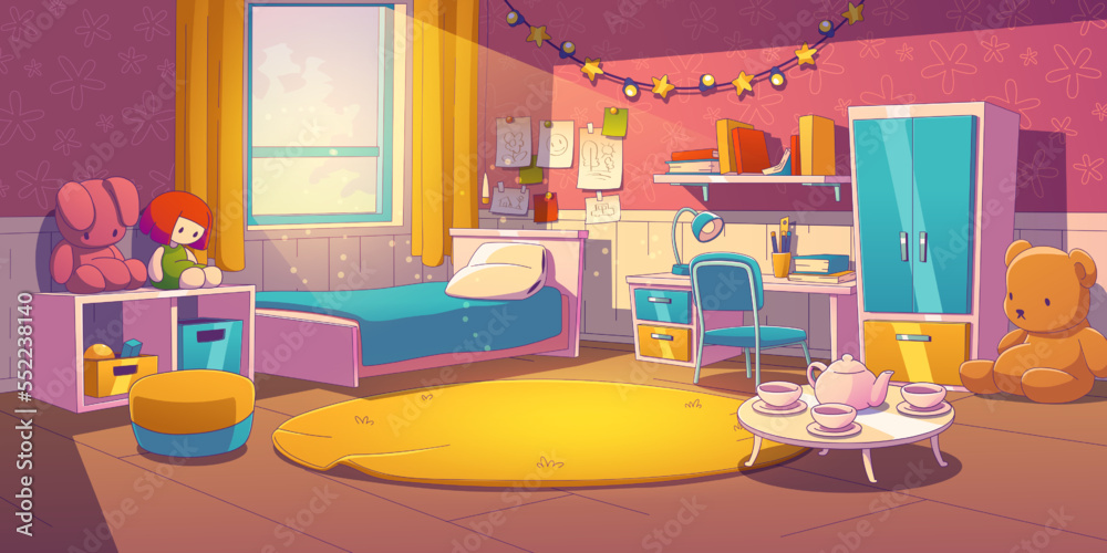 Girl bedroom with bed, toys, table and wardrobe. Empty kids room ...