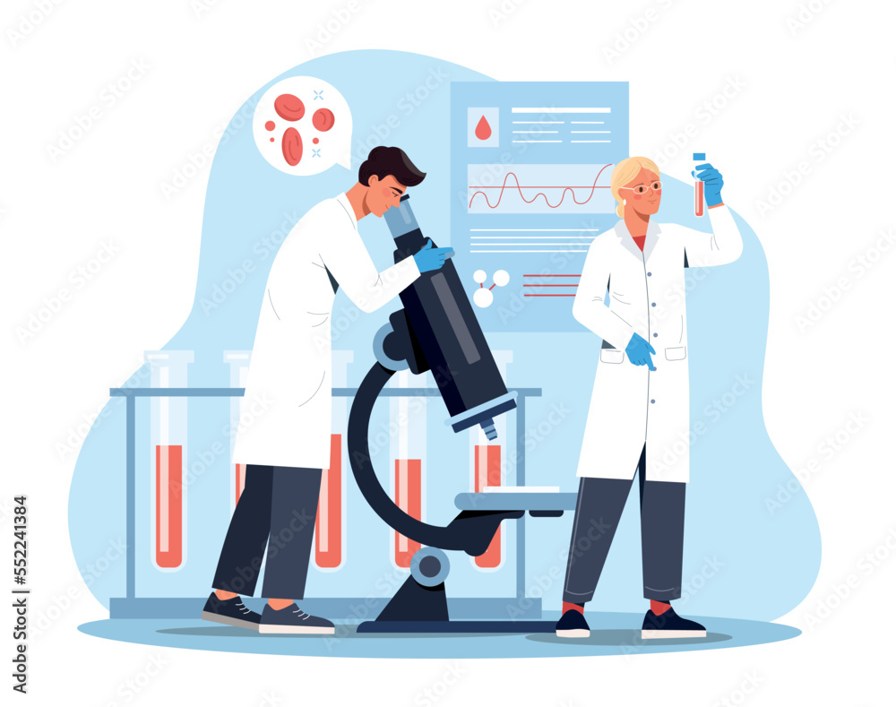 Blood analysis concept. Man with microscope and girl with test tube in ...