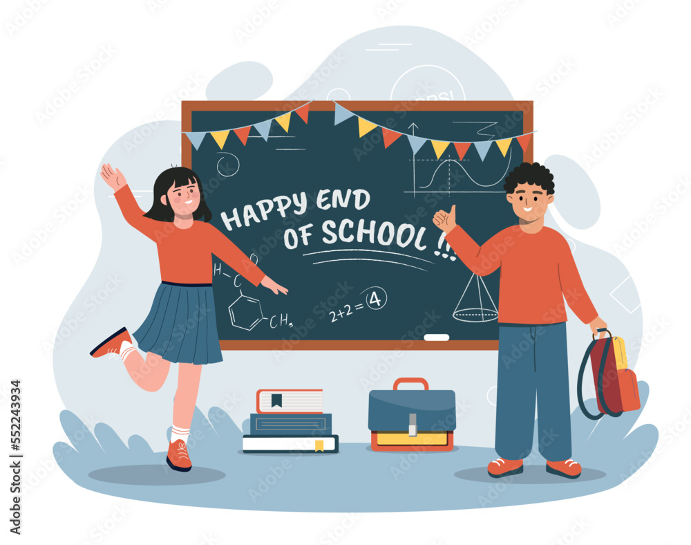 Happy end of school. Young boy and girl with briefcases on background ...