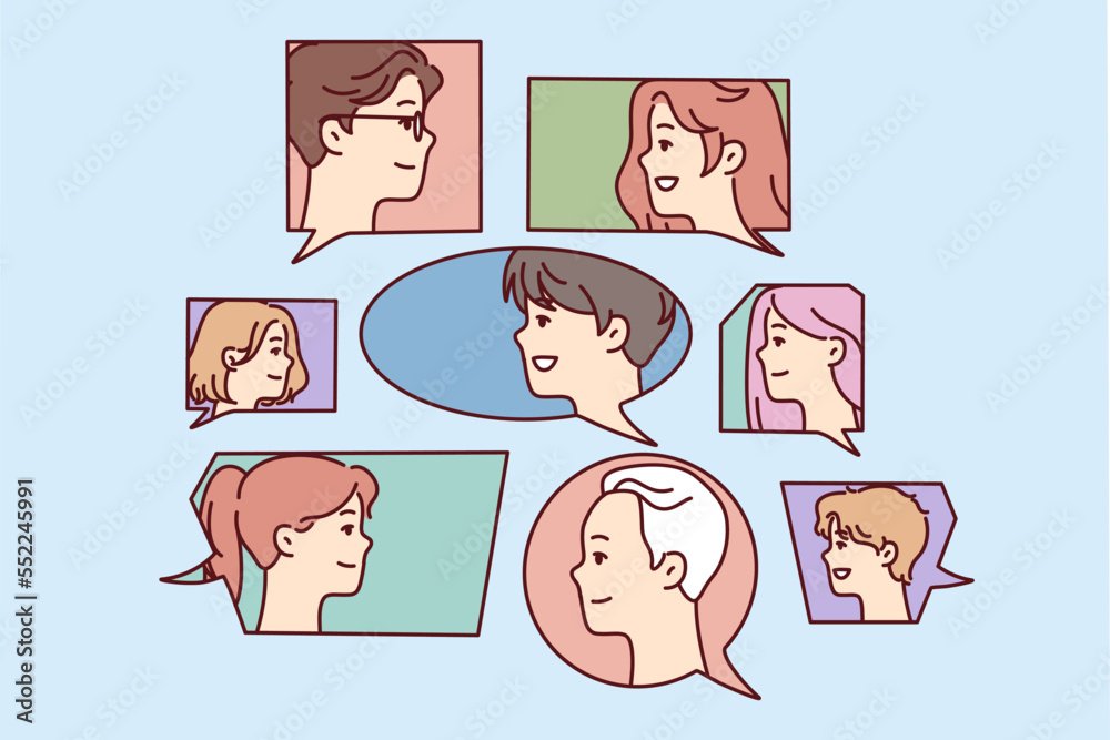 Faces Men And Women In Speech Bubbles Symbolize Public Discussion Or