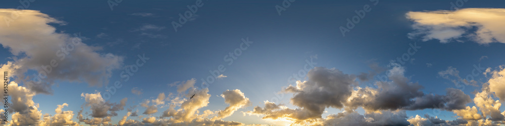 Dark blue sunset sky panorama with Cumulus clouds. Seamless hdr pano in ...