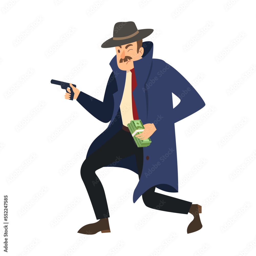 Gangster character. Vector illustration of criminal with hat or black ...