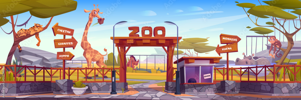 Cute african animals in Zoo. Zoology park entrance with wooden arch ...