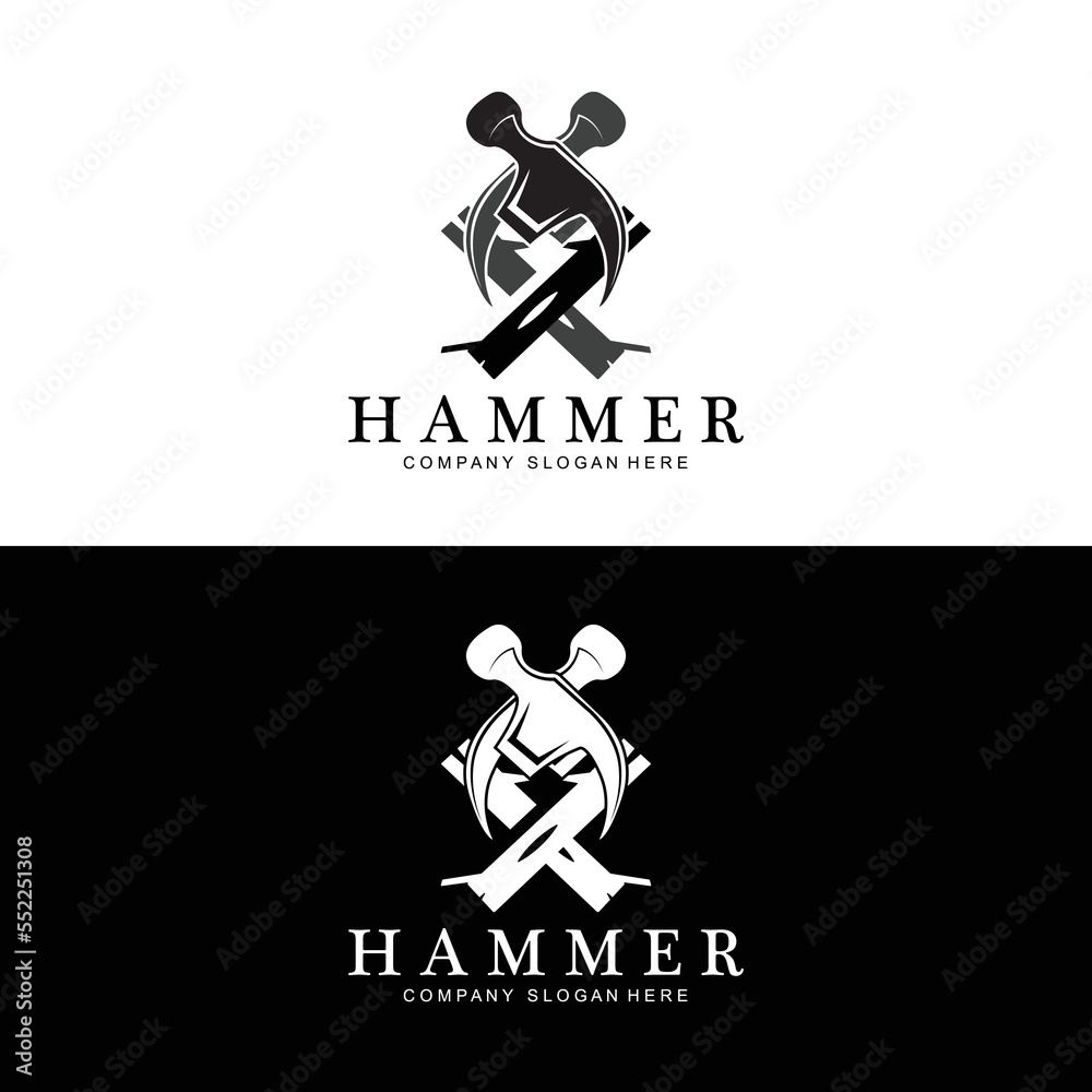 hammer, building construction tools and judge logo vector icon, vintage ...