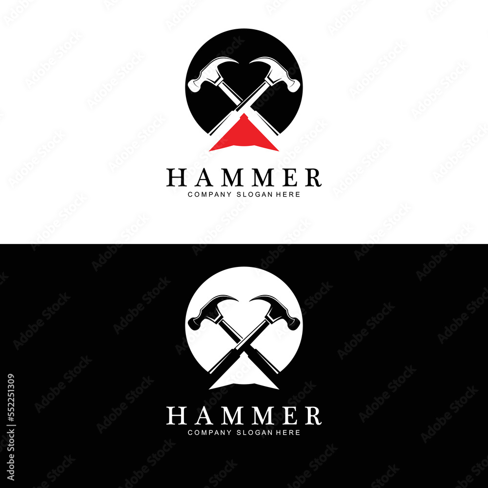 hammer, building construction tools and judge logo vector icon, vintage ...