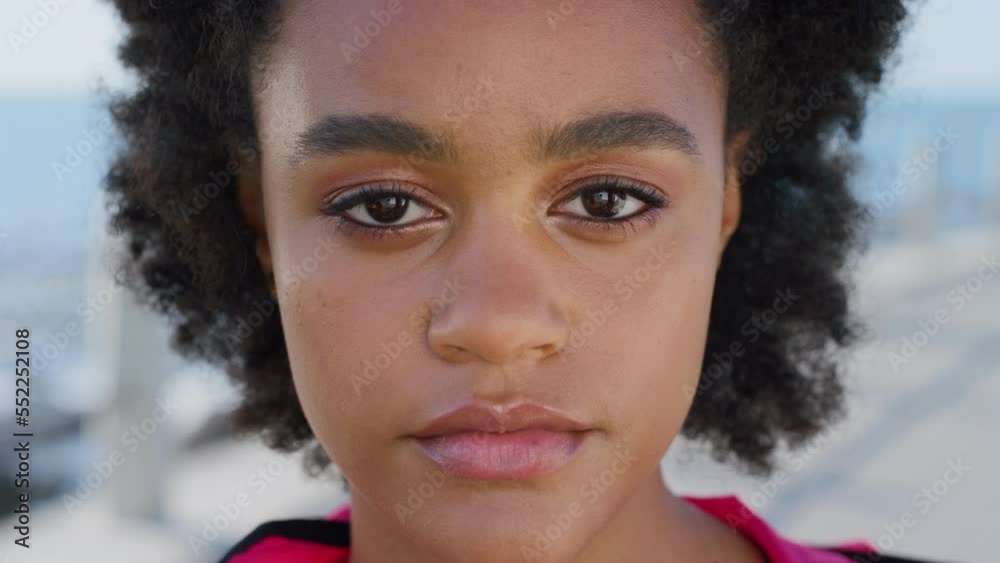 Gen z girl, face and outdoor beach on travel holiday in Miami to relax ...