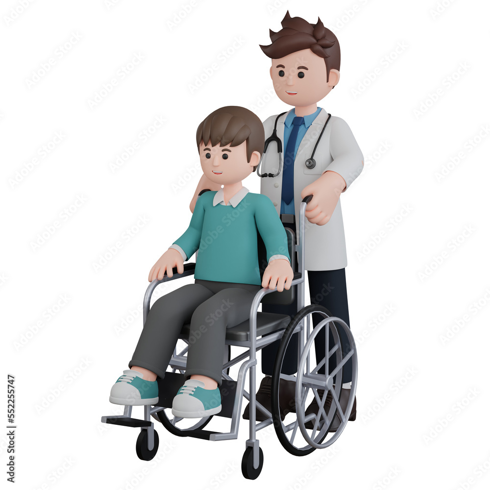 3D Rendering Cartoon Character Man Doctor Carry Patient on Wheelchair ...