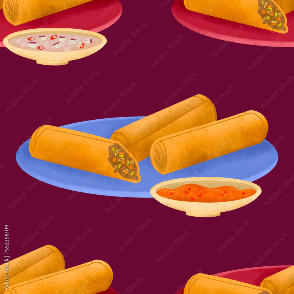 Filipino lumpia (fried spring roll) on red and blue plates wtih sweet ...