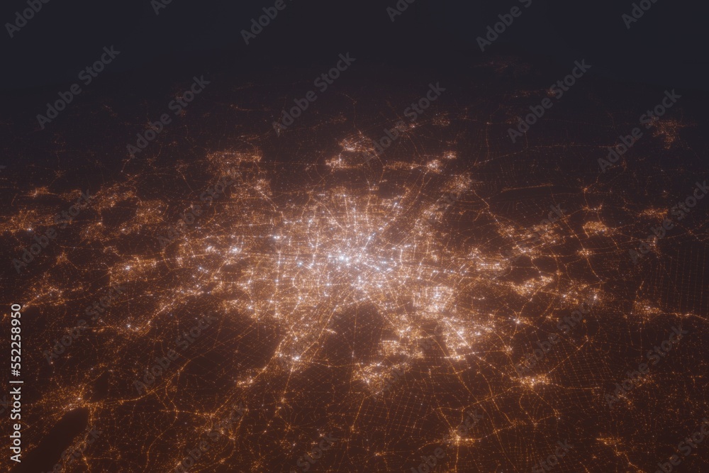 Aerial shot of Munich (Germany) at night, view from south. Imitation of ...