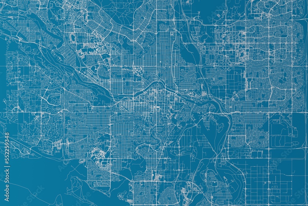 Map of the streets of Calgary (Canada) made with white lines on blue ...