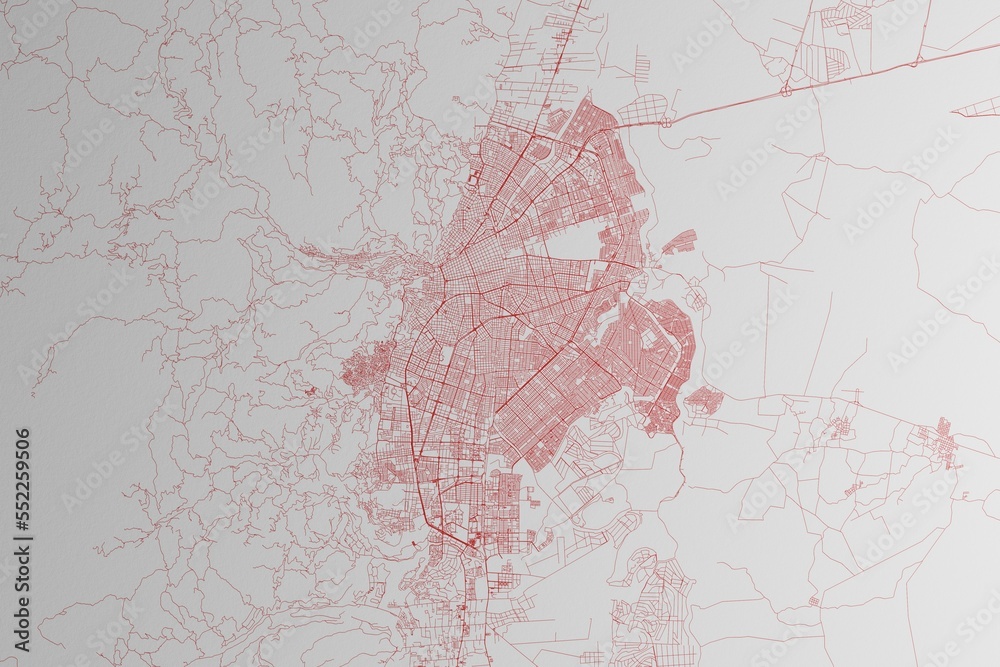 Map of the streets of Cali (Colombia) made with red lines on white ...