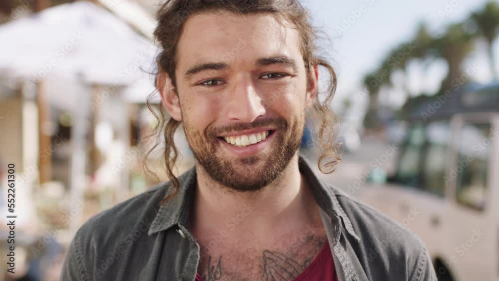 Travel, holiday and face of man in Miami enjoying freedom, spring break ...