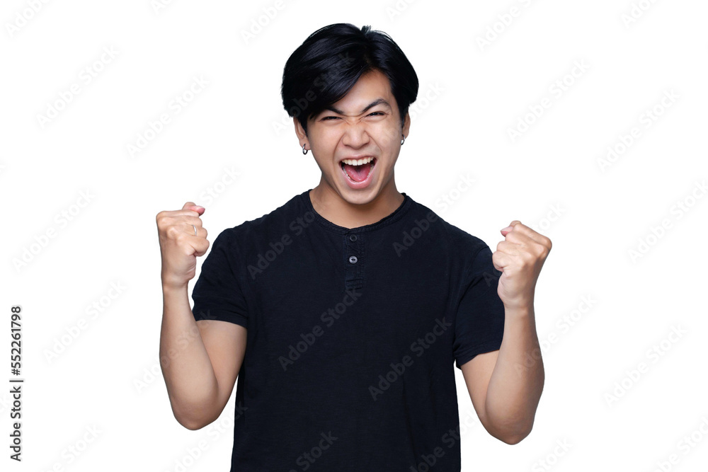 Happy handsome young Asian man shouting isolated on transparent ...