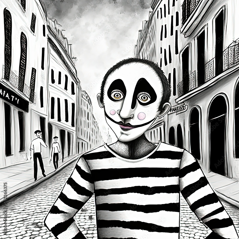 Illustration of a street mime wearing a black and white stripe costume ...