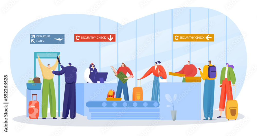 Airport security check with luggage, vector illustration, flat man ...