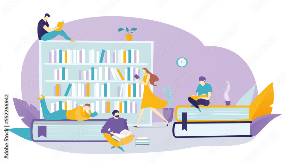 Education book at library shelf, vector illustration, flat tiny man ...