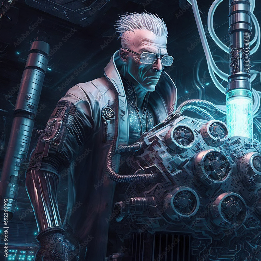 mad scientist turning himself into a machine created by generative ai ...