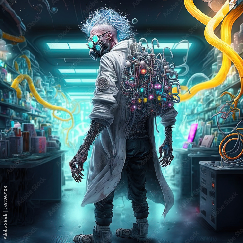 mad scientist turning himself into a machine created by generative ai ...