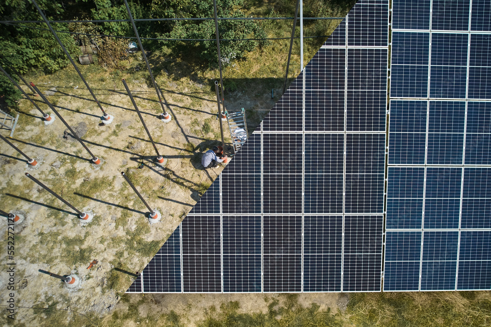 Photovoltaic solar panel fading away and shifting into metal supporting ...