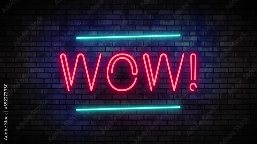 Wow Neon Light on Brick Wall. Night Club Bar Blinking Neon Sign. Motion ...