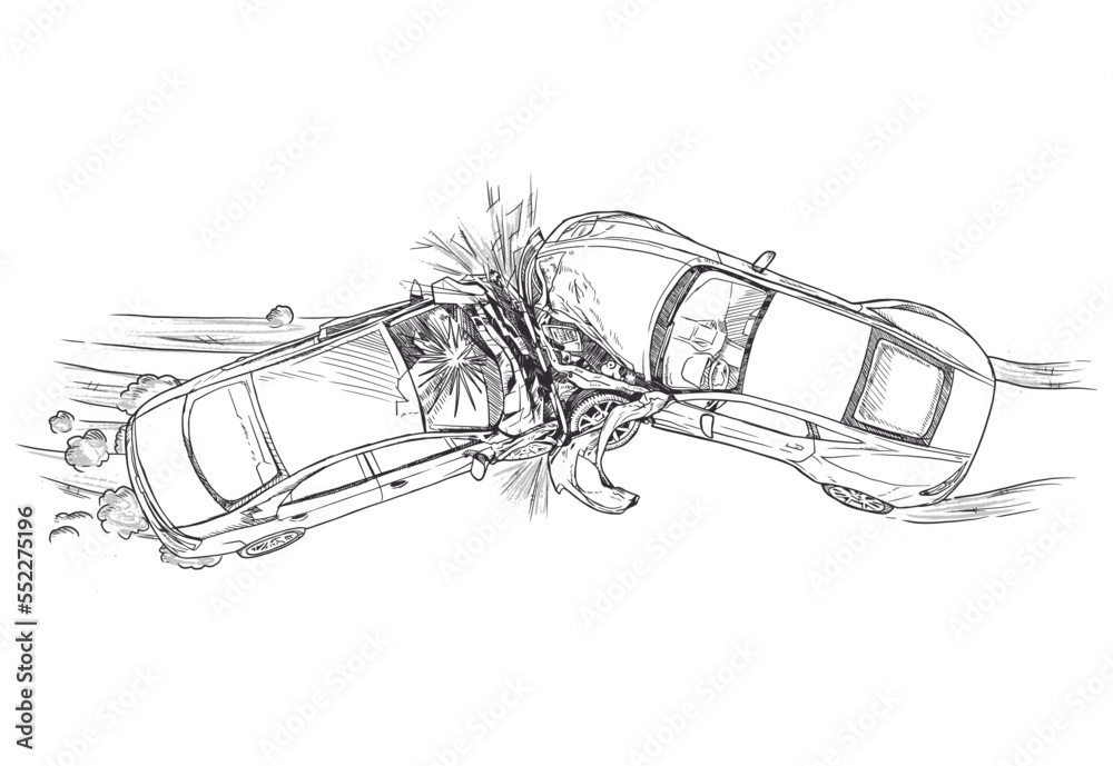 Two cars crash, crashing into each other's front line art style vector ...