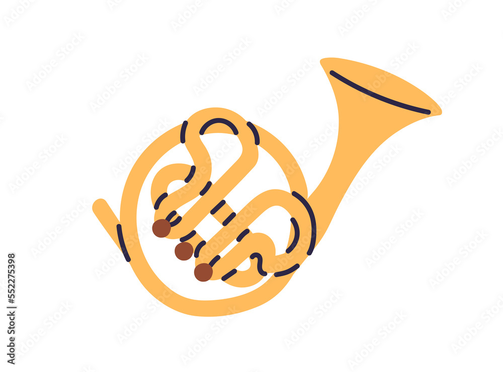 French double horn, brass woodwind music instrument. Gold curved ...