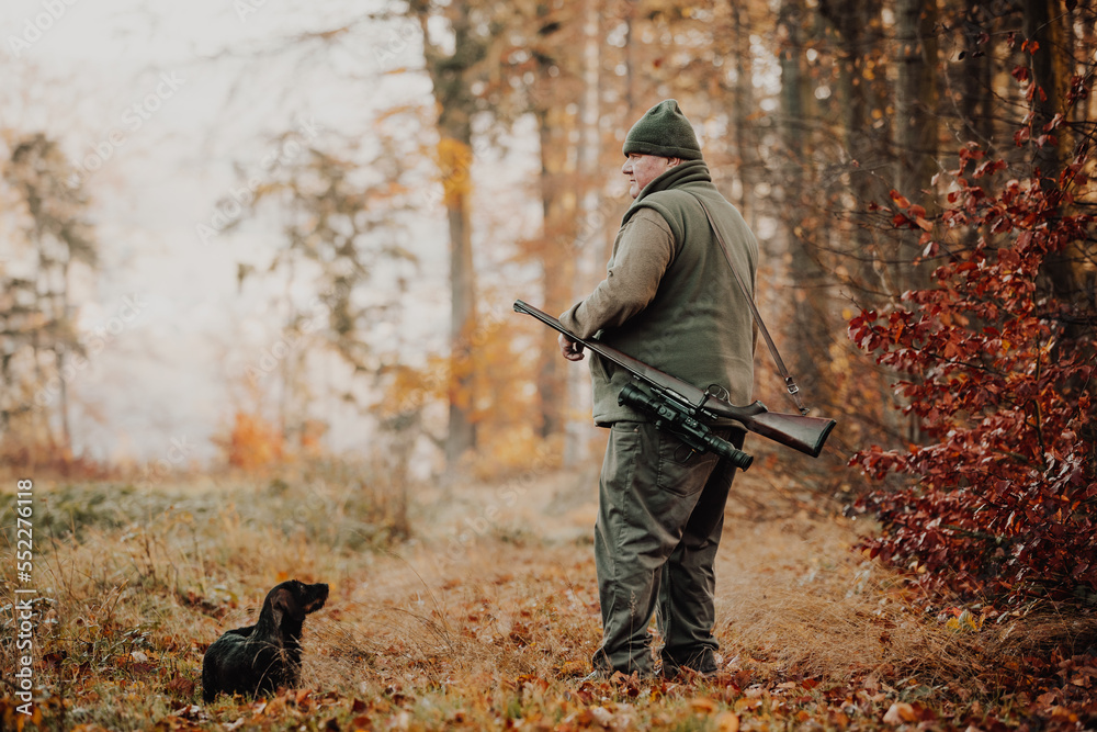 Autumn hunting season, hunter with rifle and dog looking out for some ...