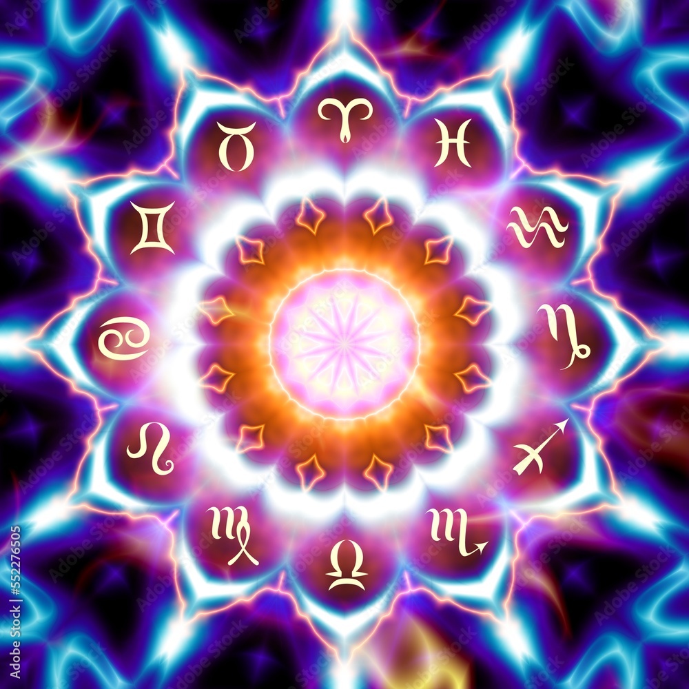 Magic circle with zodiacs sign on abstract black background. Stock ...
