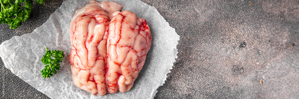 pork brain raw offal fresh meat meal food snack on the table copy space ...