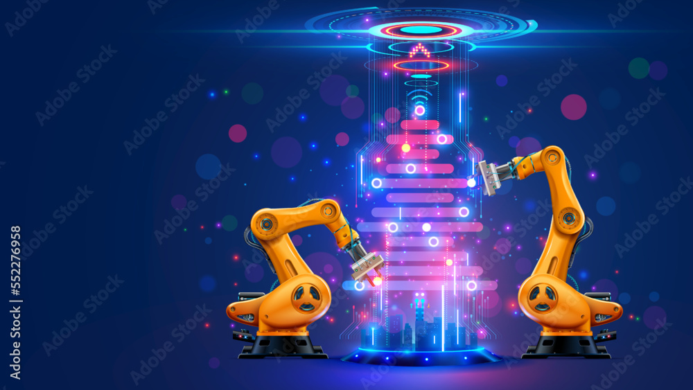Industry robot decorations christmas tree. Robotic arm on factory on ...