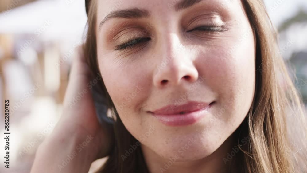 Face zoom, woman and smile with facial, beauty and makeup against ...