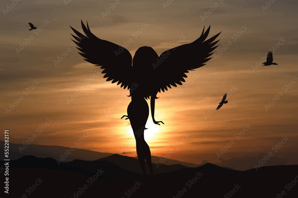 Vector silhouette of angel on sunset background. Symbol of faith and ...