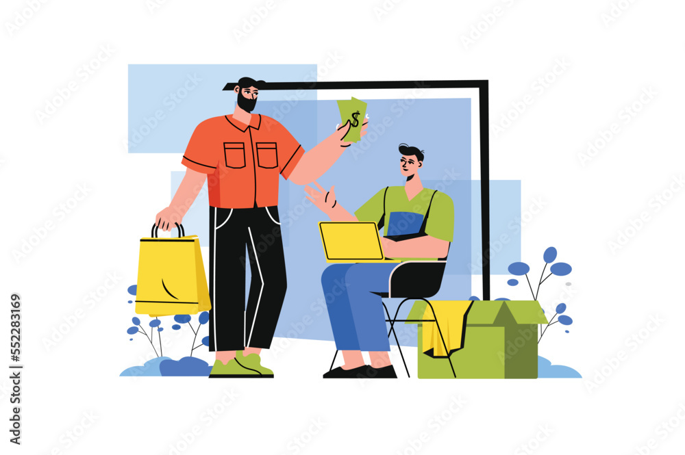 Color concept Donation with people scene in the flat cartoon style. Man ...