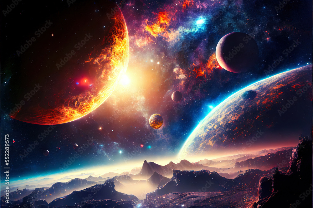 fantastic space background with planets and stars in super vibrant ...