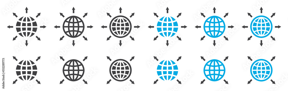 Set of word expansion icons. Globe with corner arrows, earth symbol ...