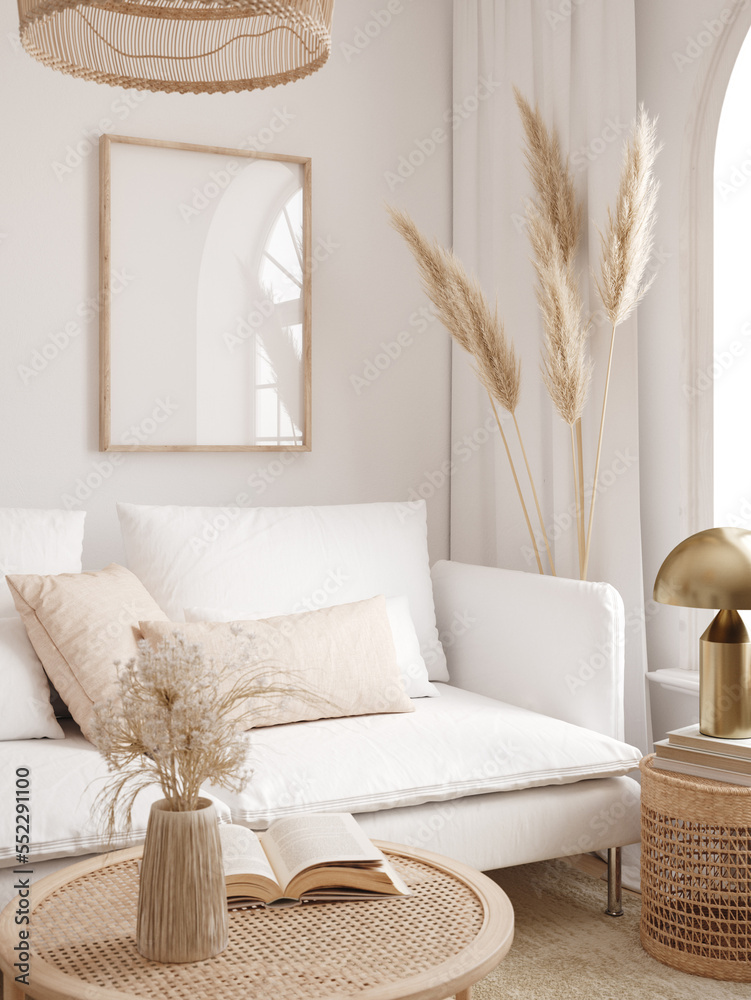Mockup frame in interior background, room in light pastel colors ...