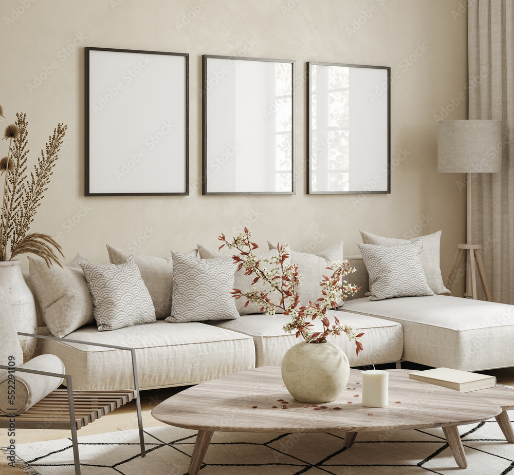 Mockup frame in interior background, room in light pastel colors ...