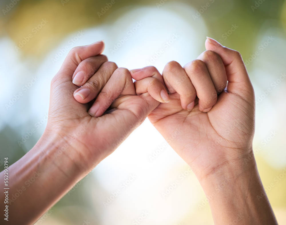 Friends hands, promise and hook fingers for support, trust and love ...