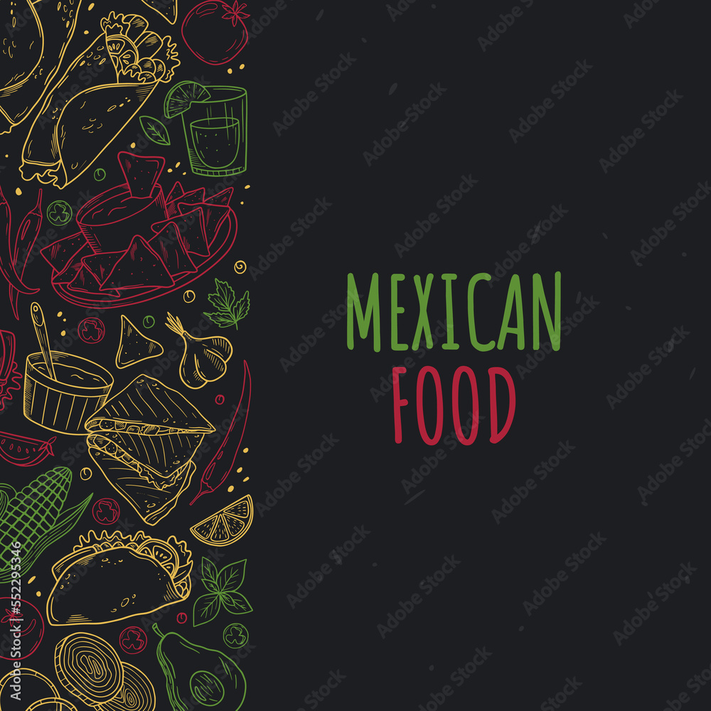 Mexican food frame on black background. Cuisine mexicaine. Linear ...