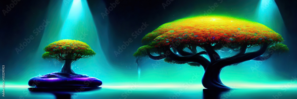 Alien fantasy landscape of a magical world with bizarre plants. Surreal ...